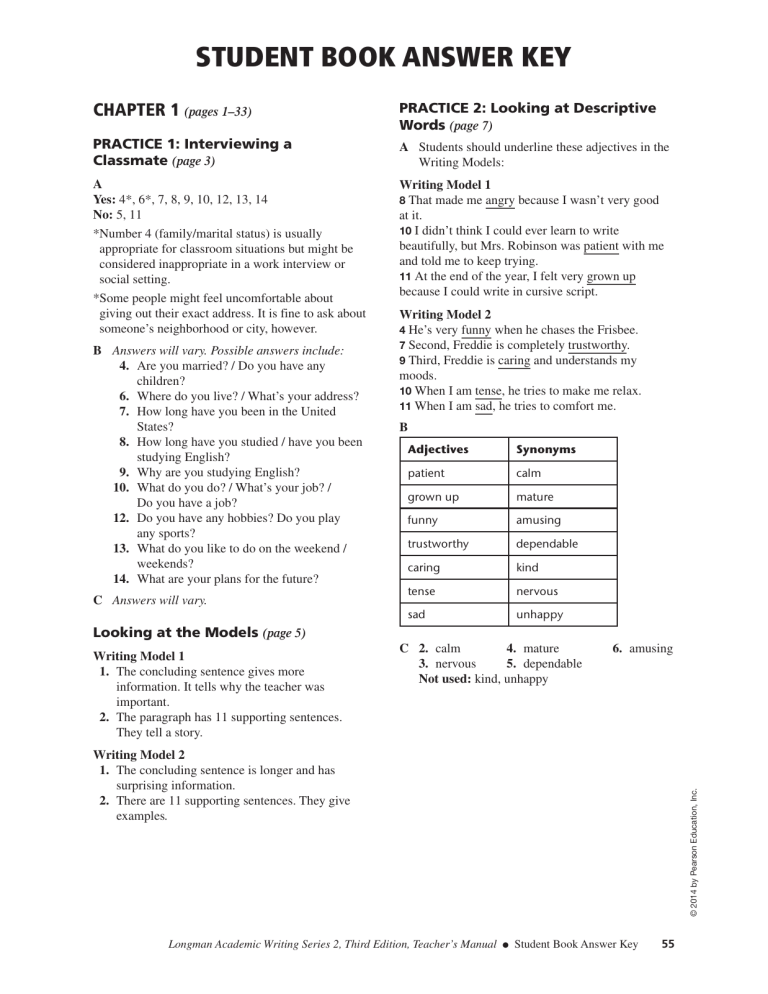 Student Book Answer Key - Writing Skills Chapter 1