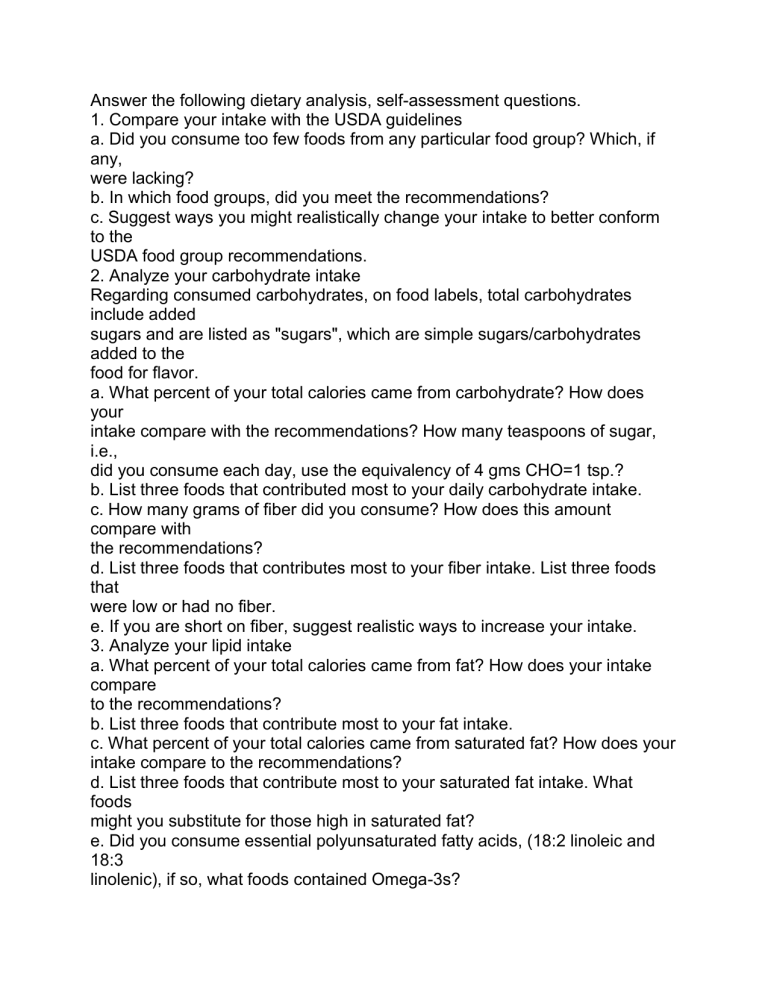 Dietary Analysis Self-Assessment Questions