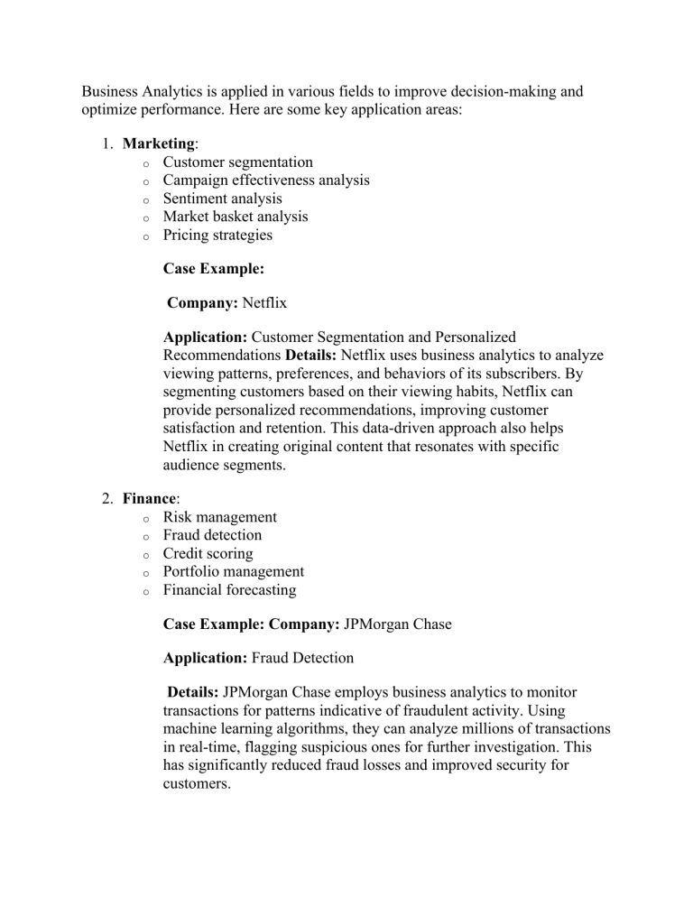 Business Analytics Applications & Frameworks
