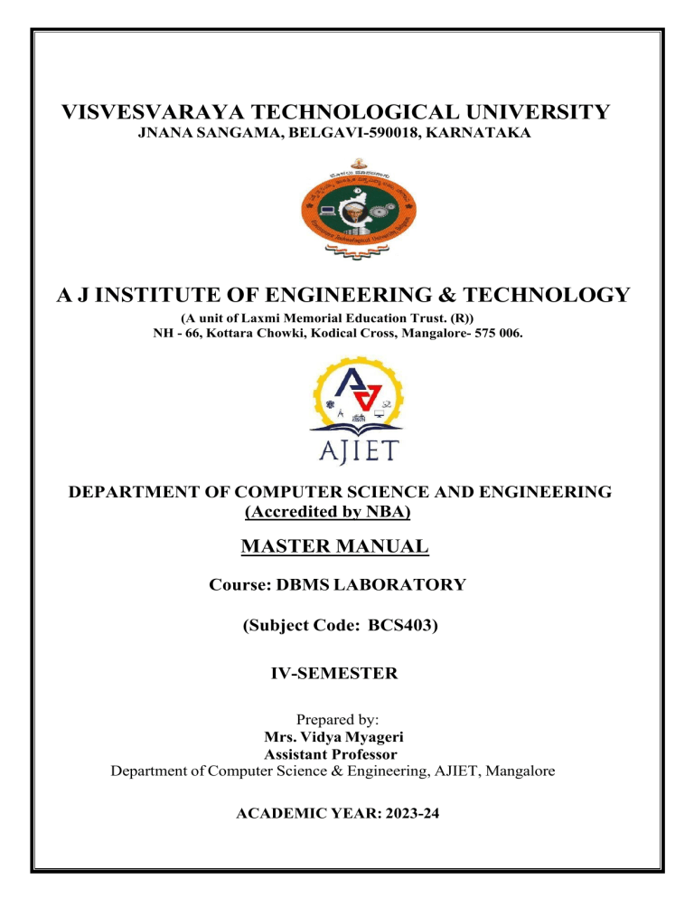 DBMS Lab Manual - AJIET, Mangalore