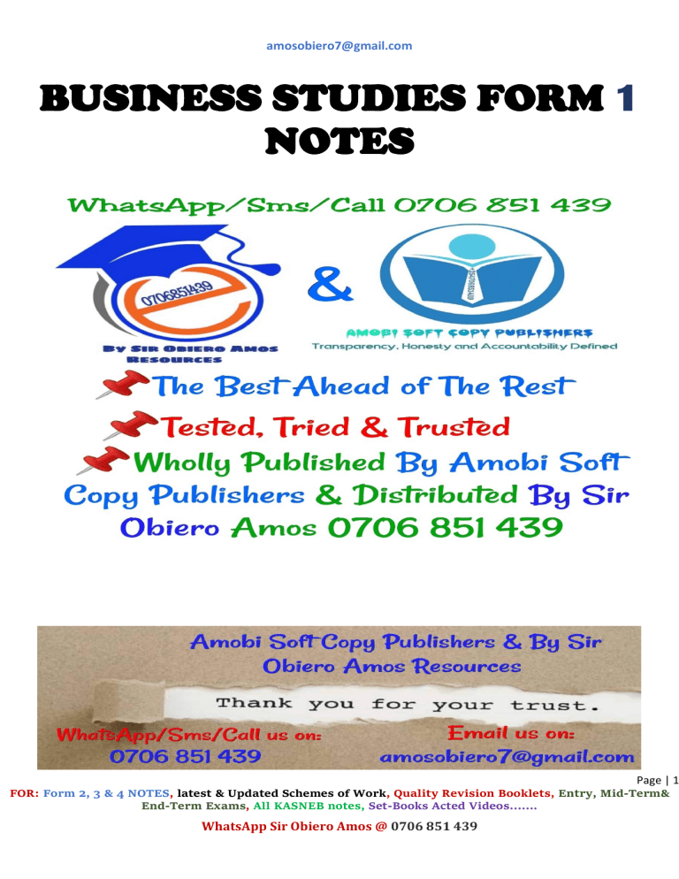 Business Studies Form 1 Notes: Introduction & Environment