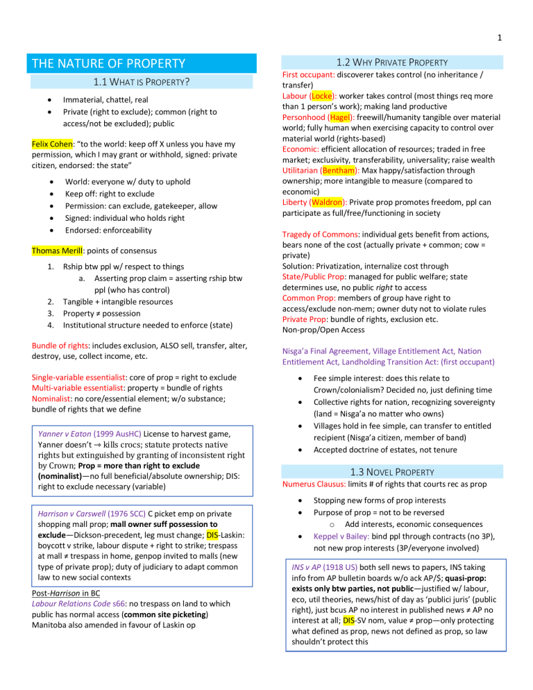Property Law: Key Concepts & Cases - Lecture Notes