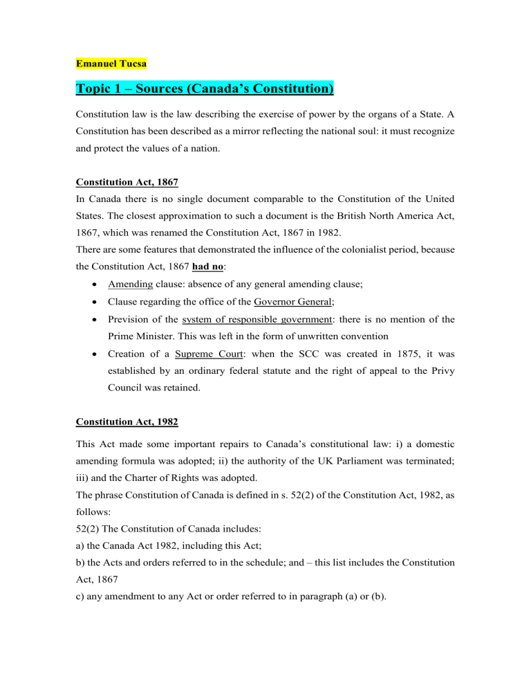 Canadian Constitutional Law: Sources & Principles