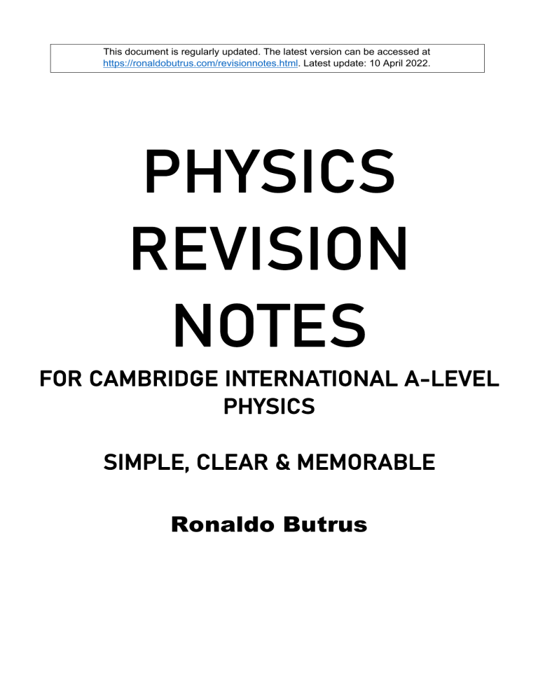 A-Level Physics Revision Notes by Ronaldo Butrus