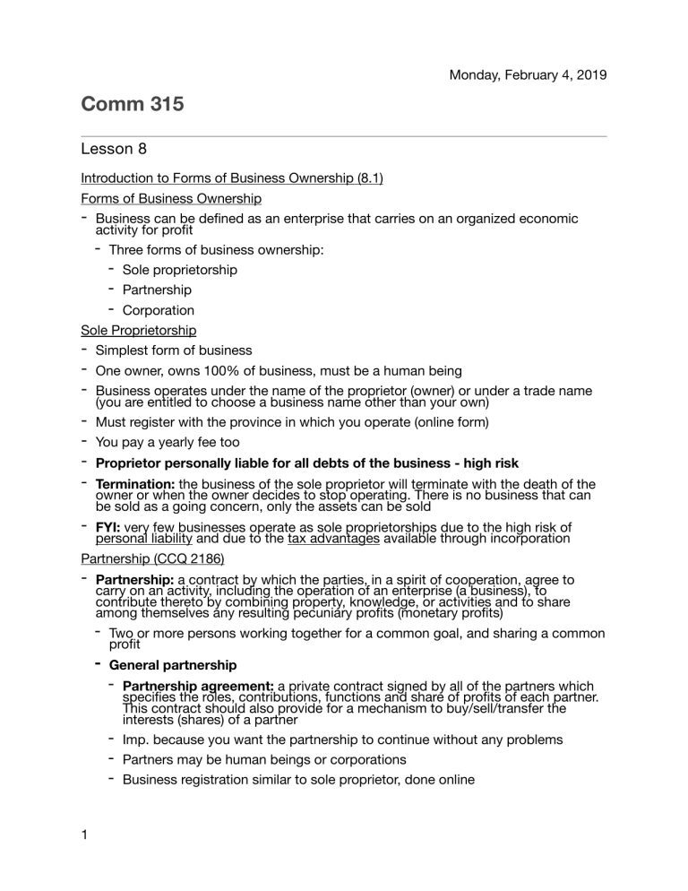 Business Ownership Forms: Sole, Partnership, Corporation