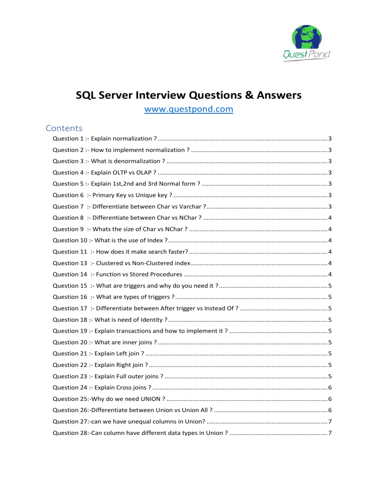 SQL Server Interview Questions & Answers