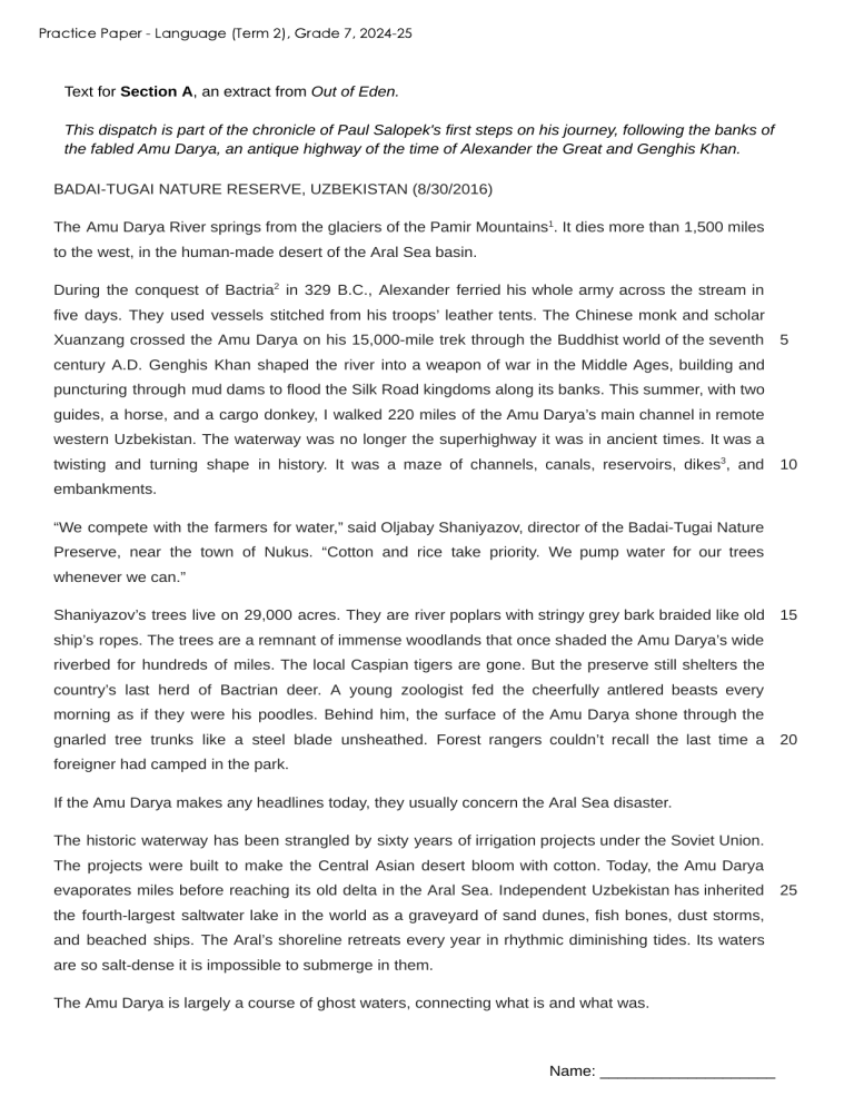 Grade 7 Language Practice Paper: Amu Darya Extract