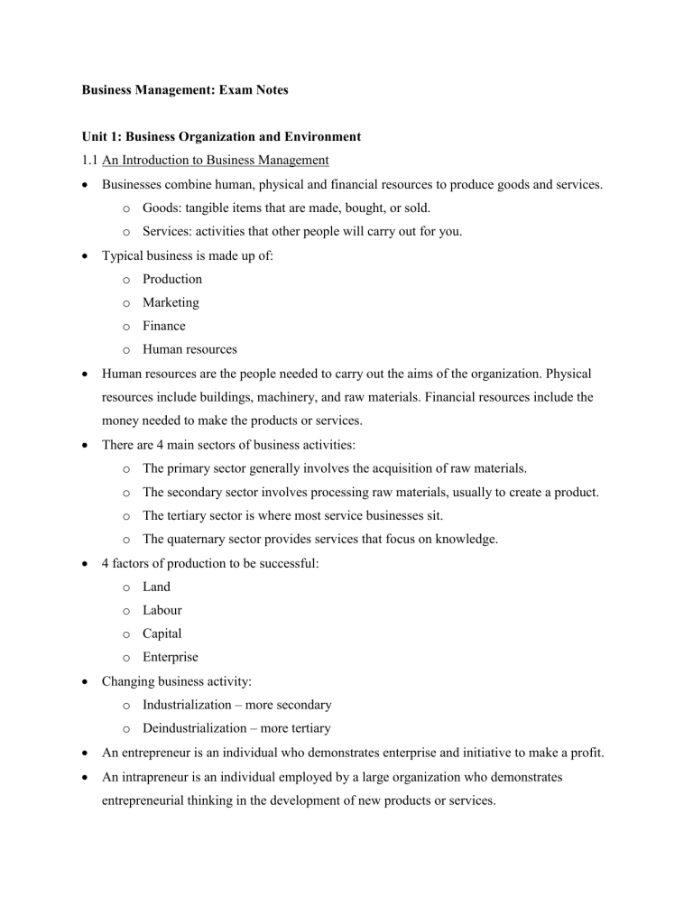 Business Management Exam Notes: Organization & Environment
