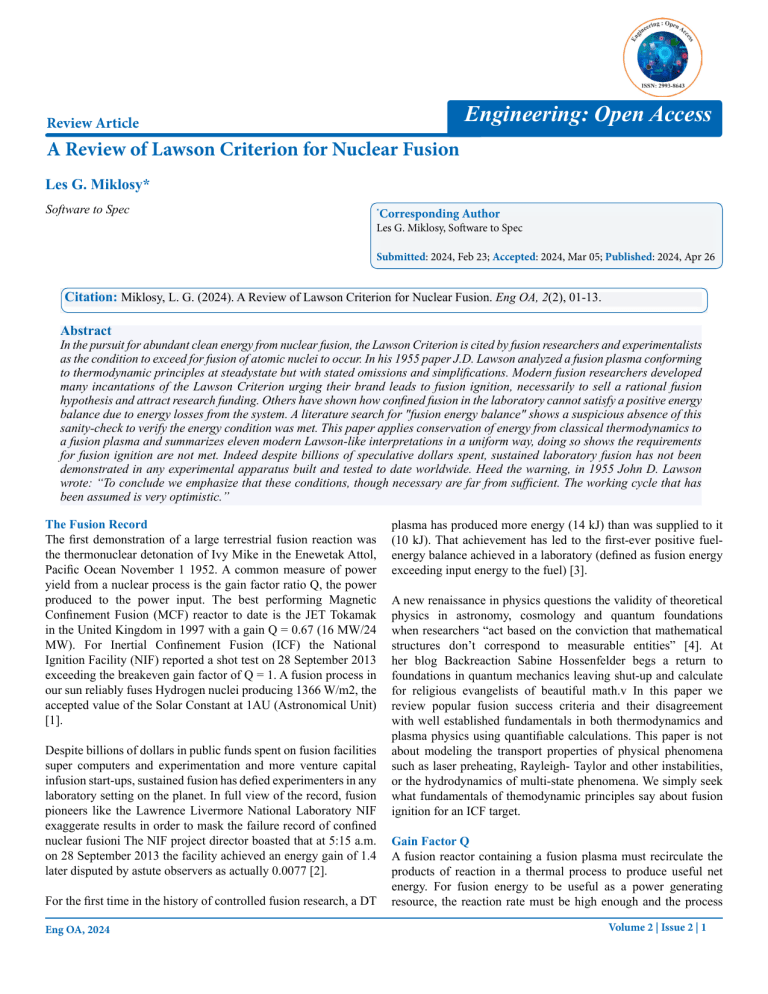 Lawson Criterion Review: Nuclear Fusion Analysis