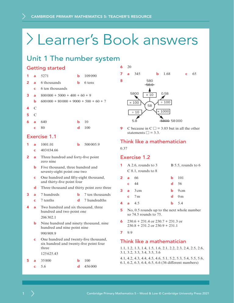 Cambridge Primary Mathematics 5: Teacher's Resource - Unit 1 Answers