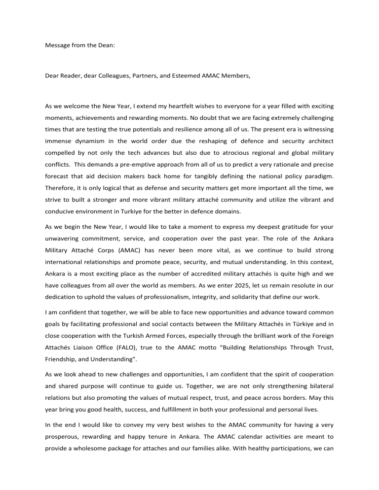 Dean's Message: AMAC, International Security & Cooperation