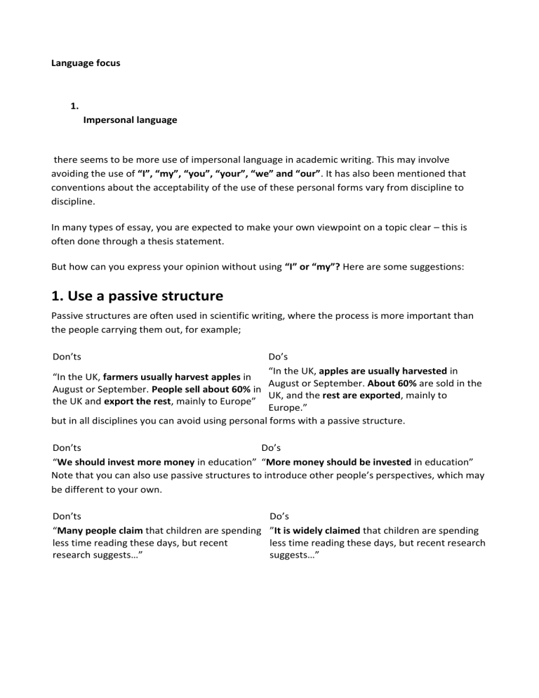 Impersonal & Cautious Language in Academic Writing