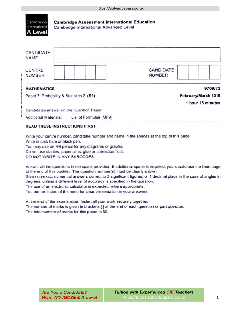 Mathematics Exam Paper: Probability & Statistics 2 (S2)