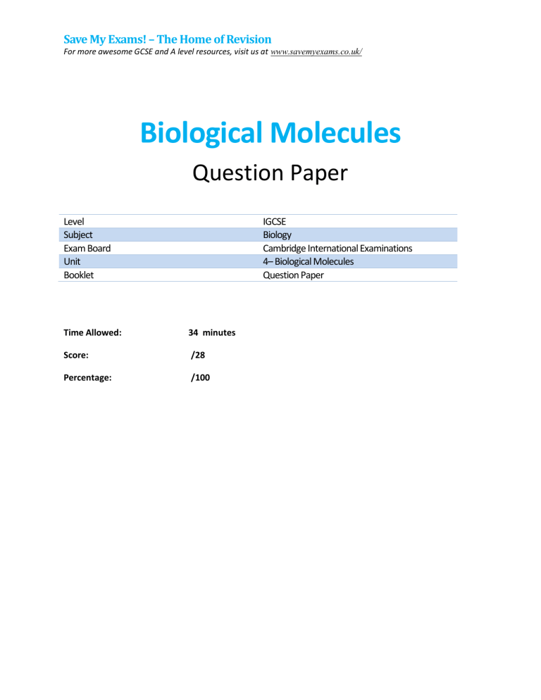 IGCSE Biology: Biological Molecules Question Paper