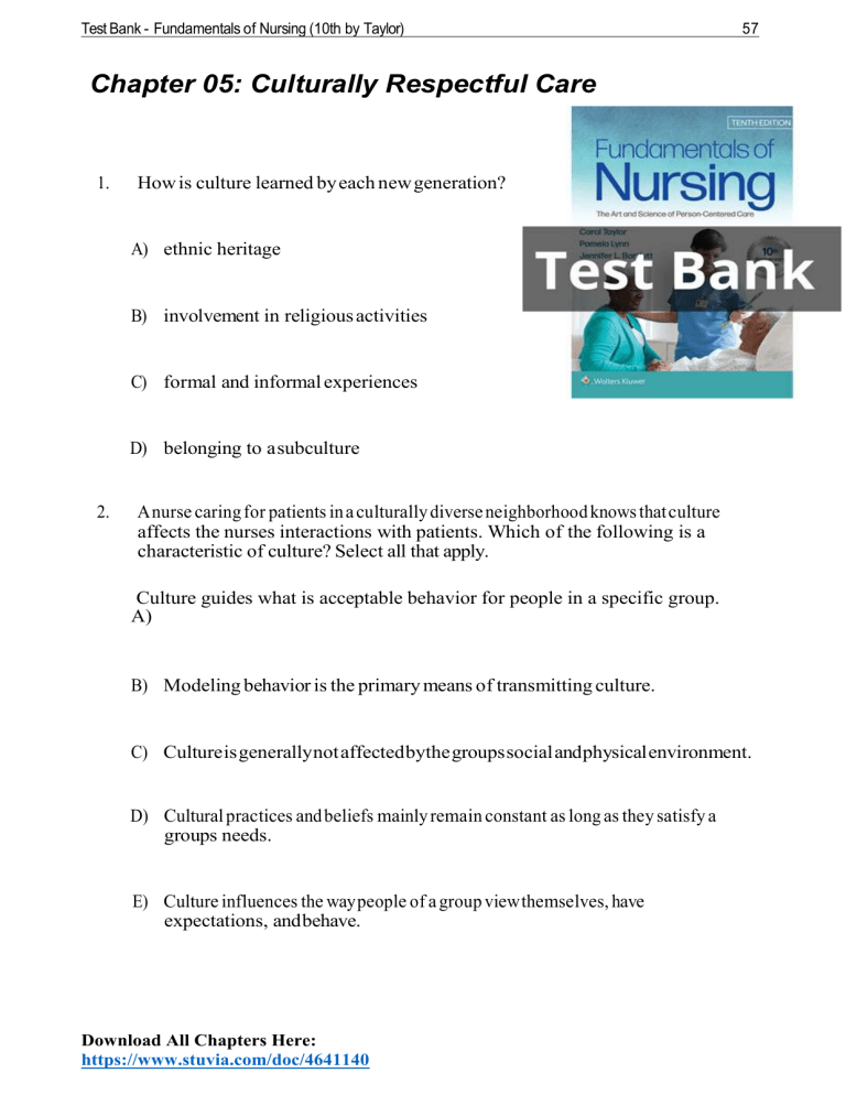 Nursing Test Bank: Culturally Respectful Care (10th Ed)