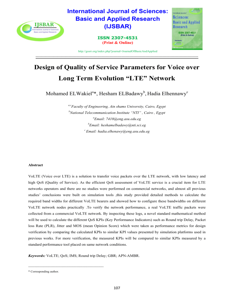 VoLTE QoS Design: Parameters, Bandwidth, and KPI Analysis