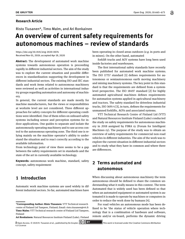 Autonomous Machine Safety Requirements: Standards Review