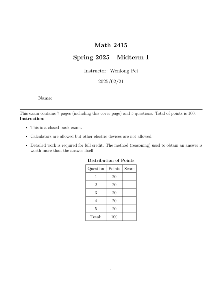 Math 2415 Midterm I: Differential Equations & Logistic Growth