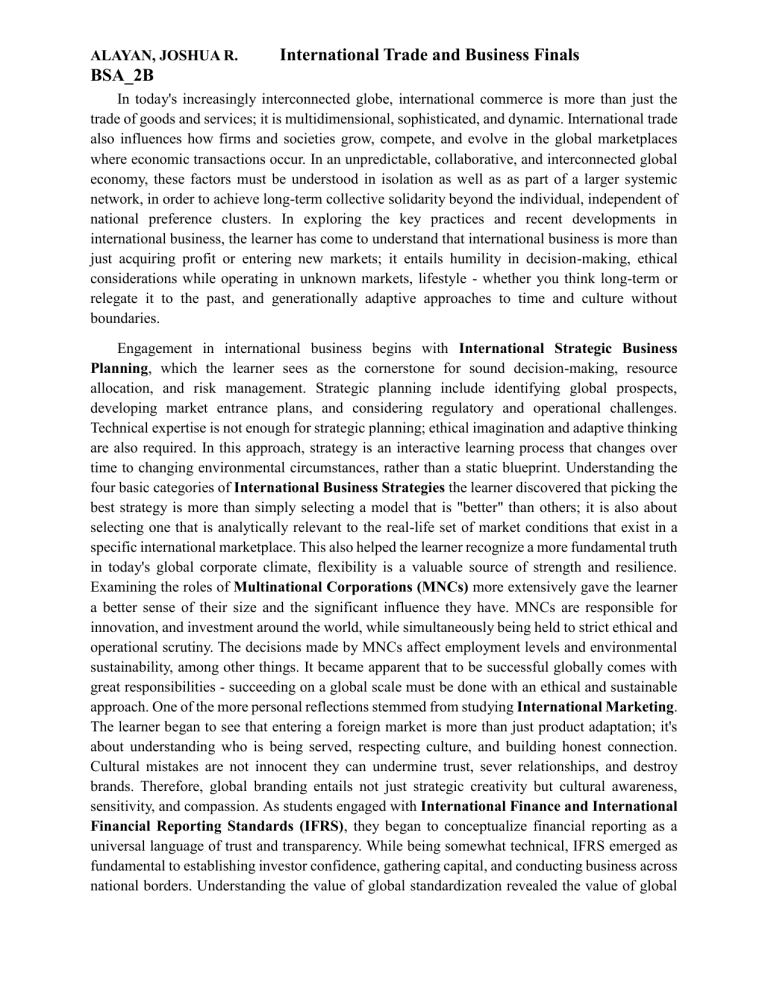 International Trade & Business Finals: Key Concepts & Reflections