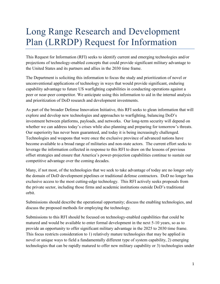DoD Long Range R&D Plan RFI: Future Military Technologies