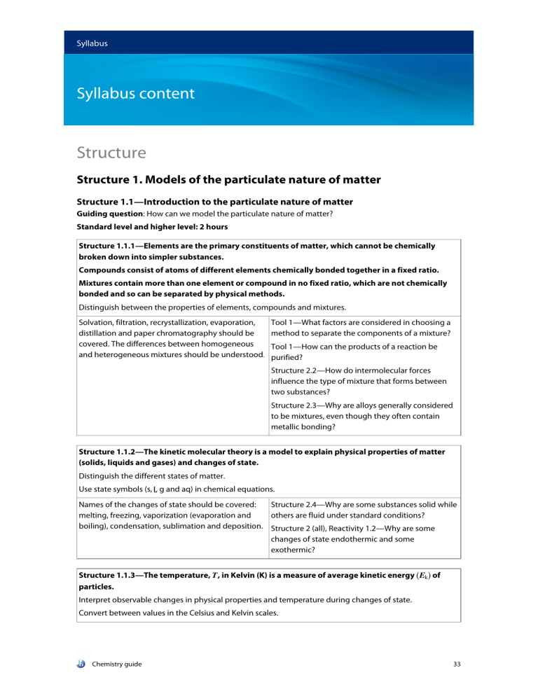 Chemistry Syllabus: Particulate Nature, Atoms, and Moles
