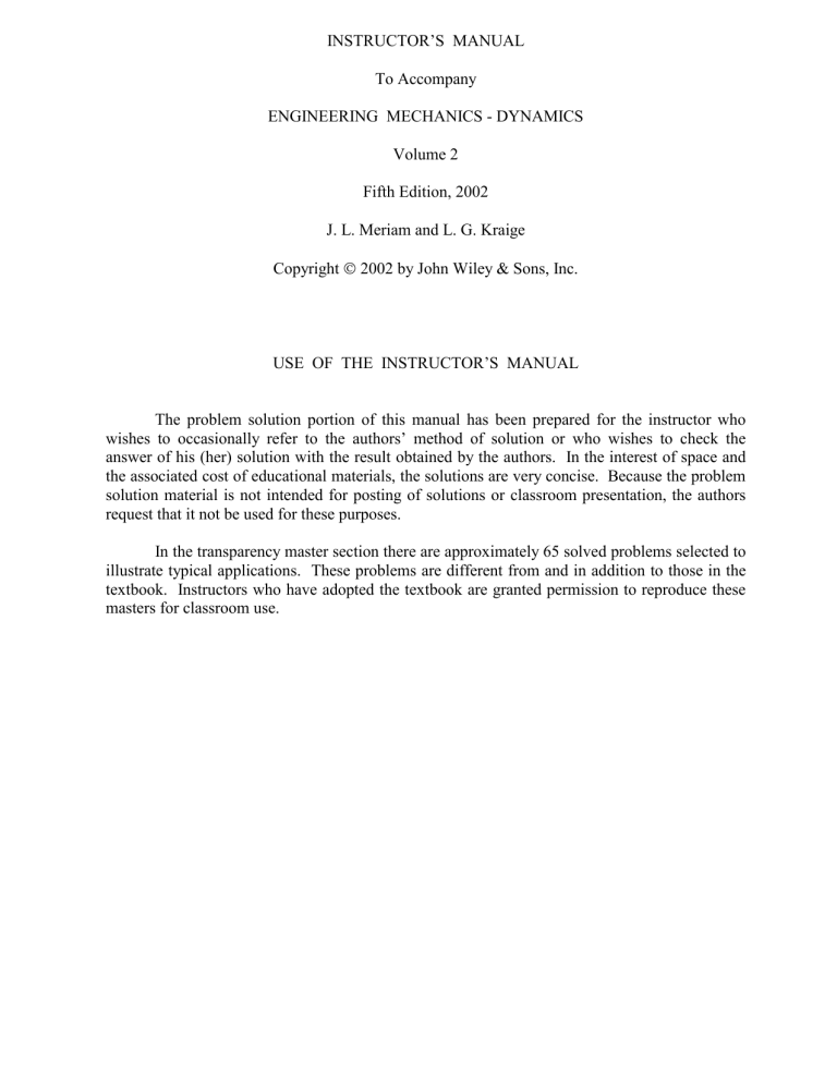 Engineering Mechanics Dynamics Instructor's Manual