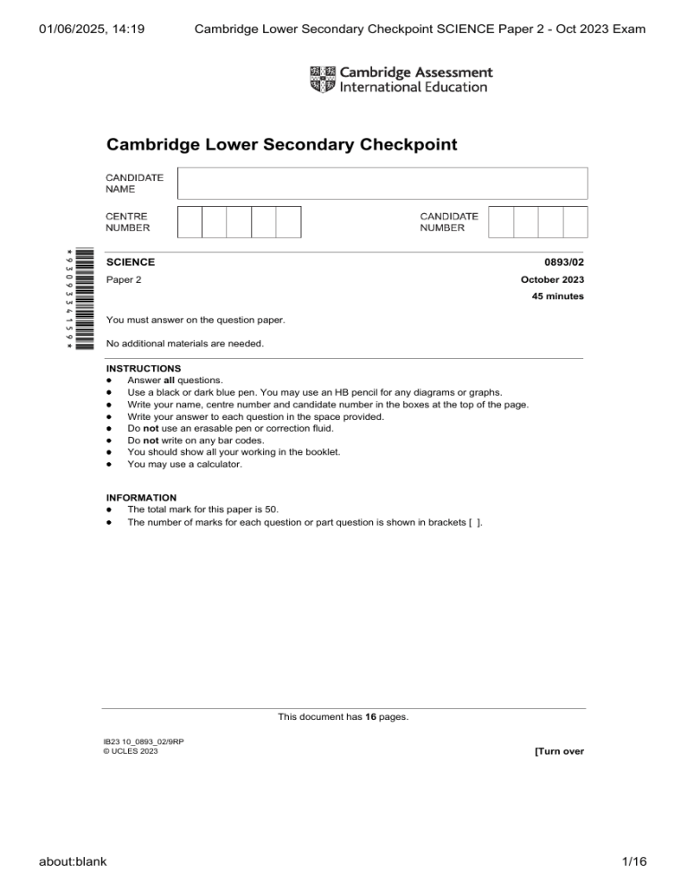 Cambridge Checkpoint Science Exam Paper 2 Oct 2023