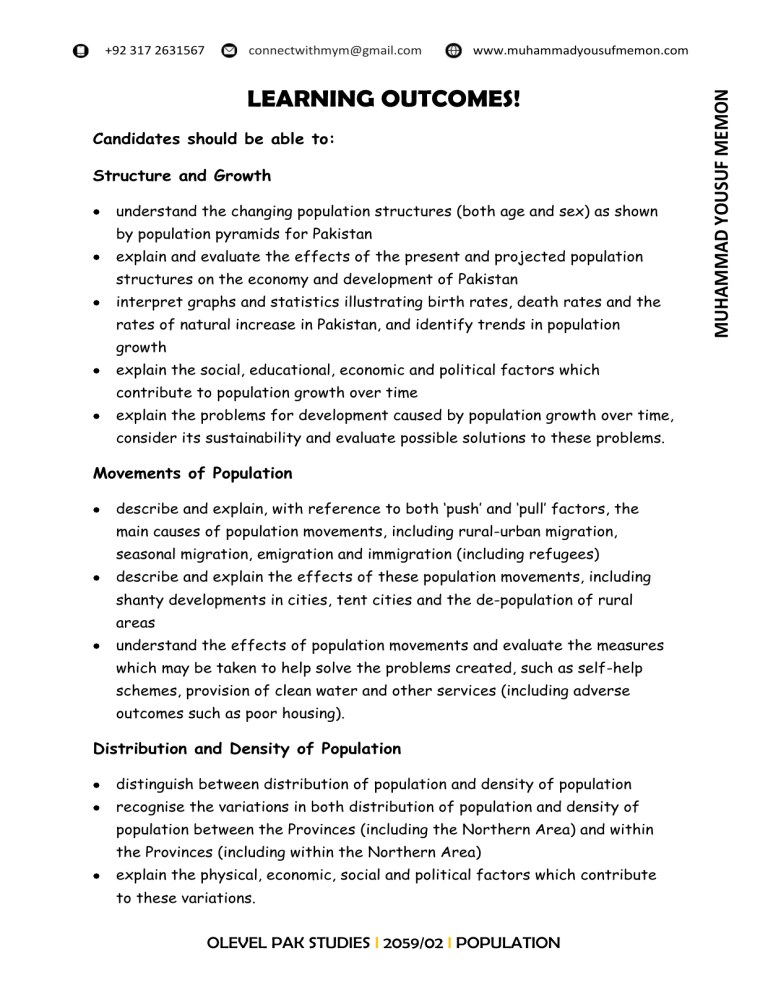 O Level Pak Studies: Population - Study Notes