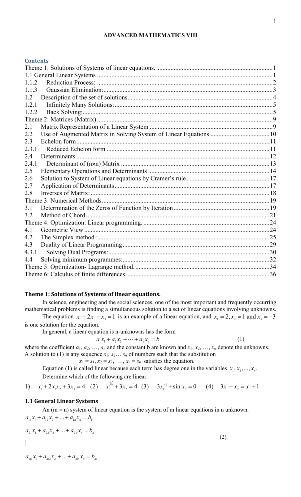 Advanced Mathematics VIII: Linear Equations & Optimization