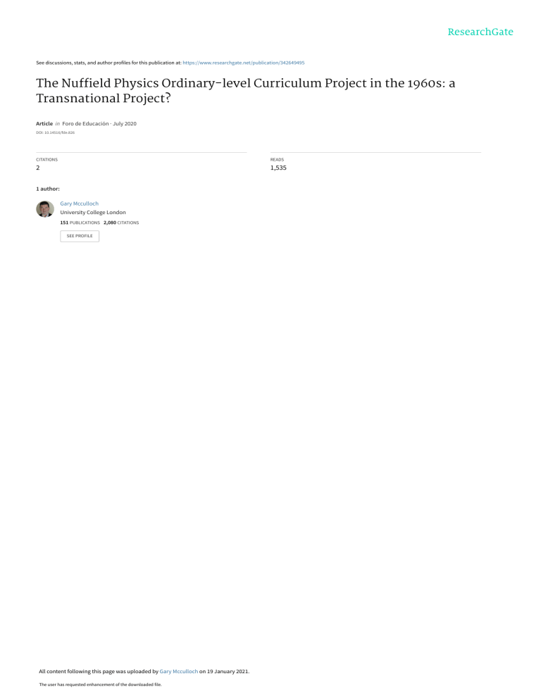 Nuffield Physics O-Level Curriculum: A Transnational Project?