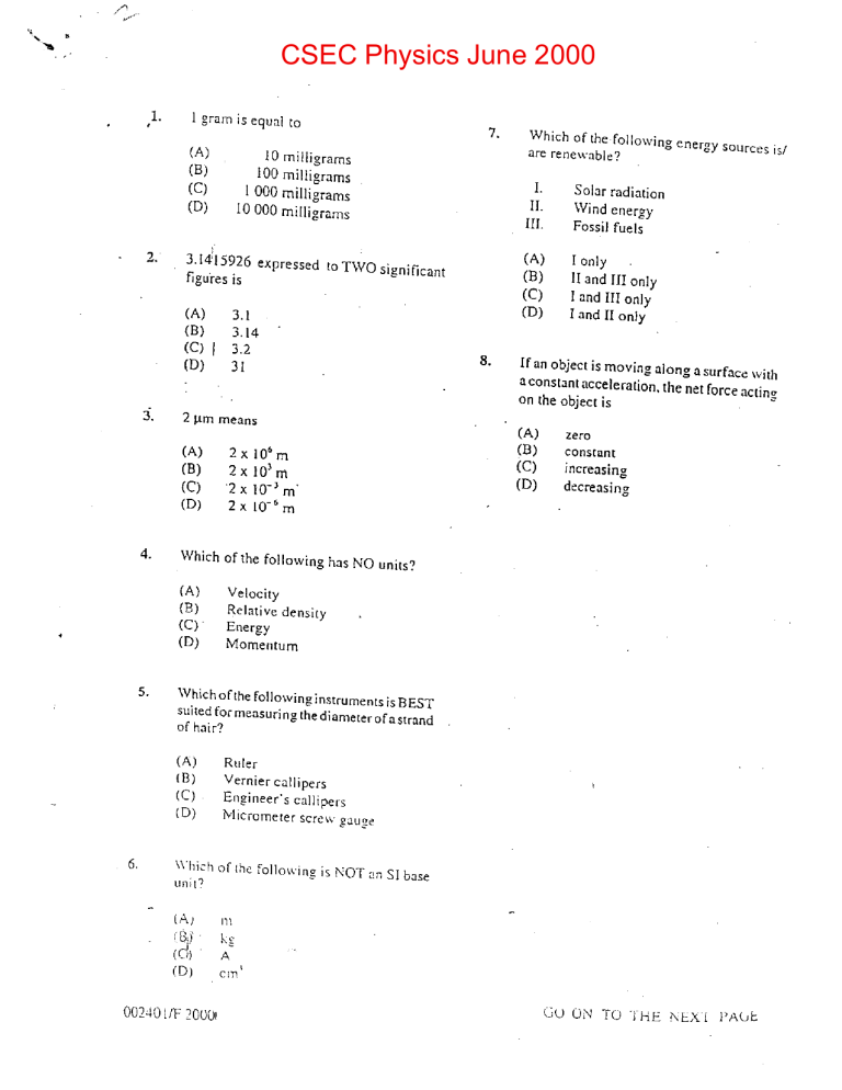 Physics Exam Paper - June 2000