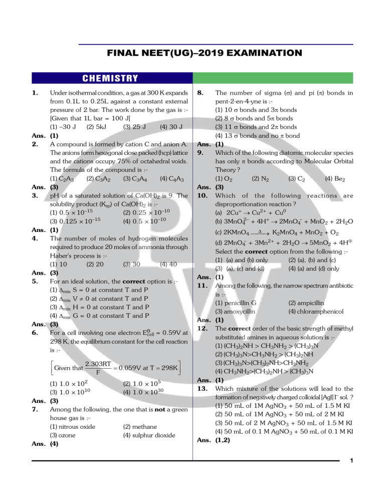 NEET 2019 Chemistry Exam Paper with Answers