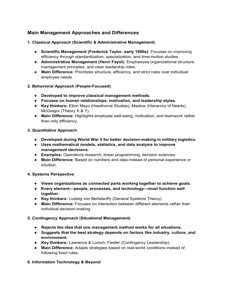 Management Approaches: Classical to IT - Summary