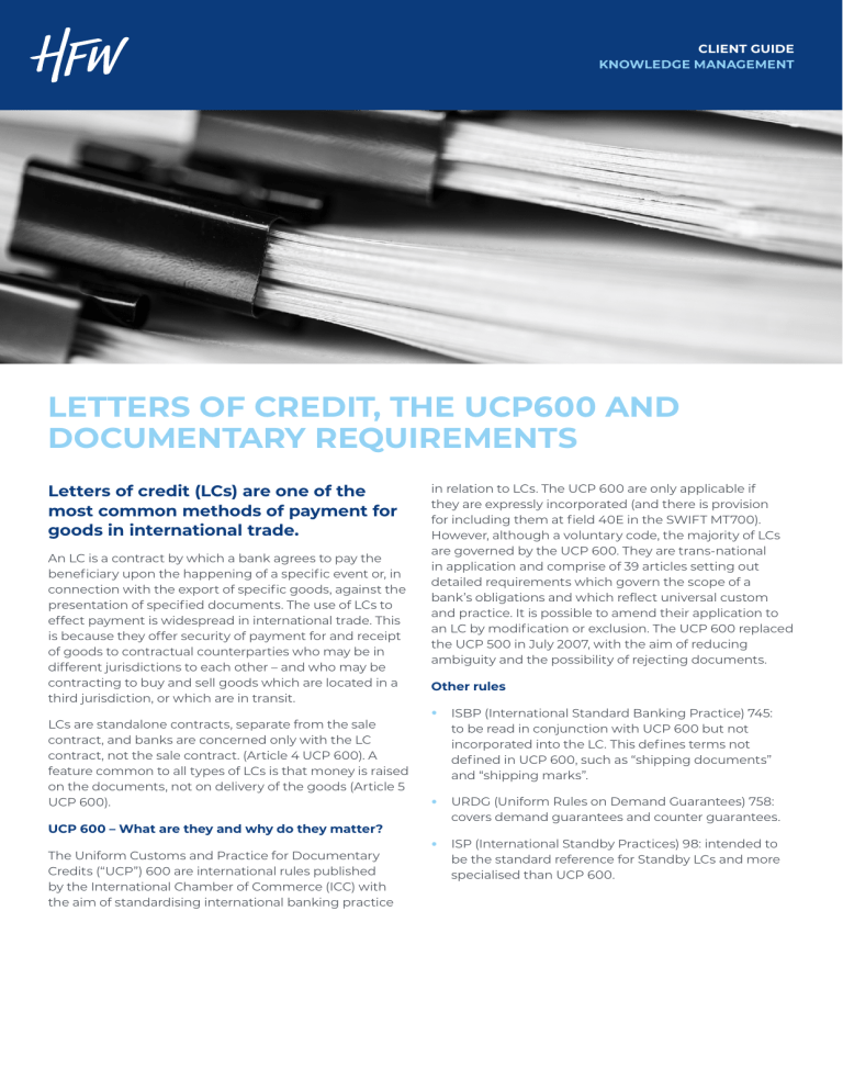 Letters of Credit (LCs) & UCP600: A Client Guide
