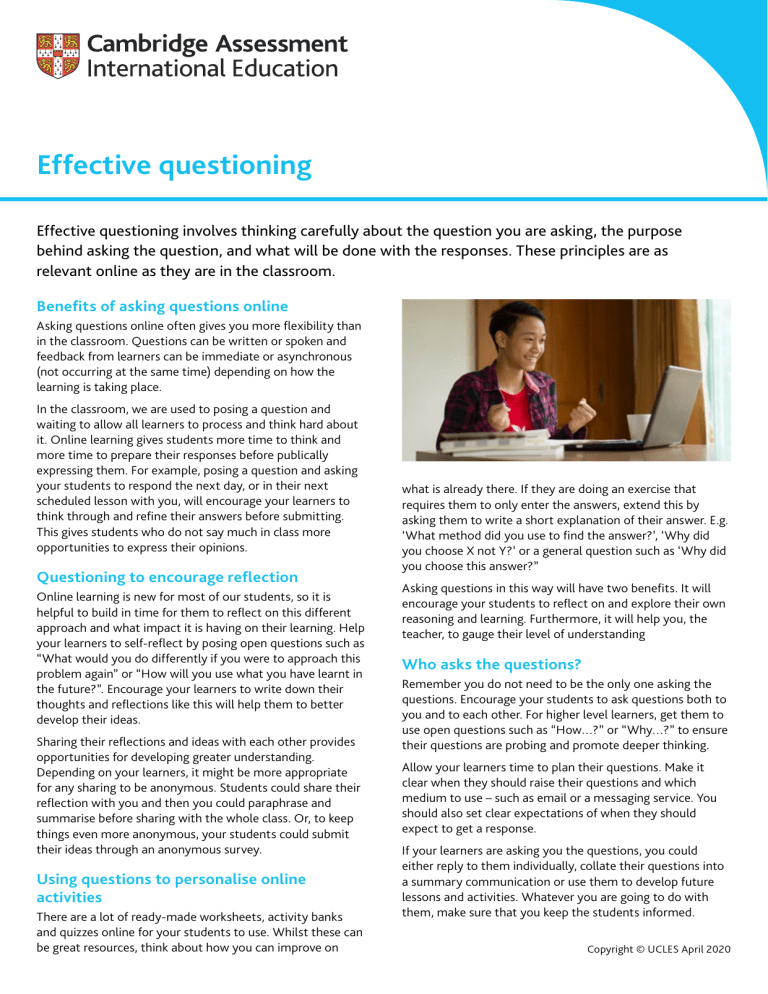 Effective Questioning in Online Learning: A Teacher's Guide