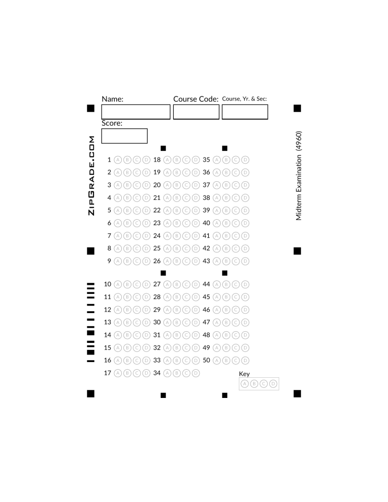 Midterm Exam Answer Sheet - 50 Questions