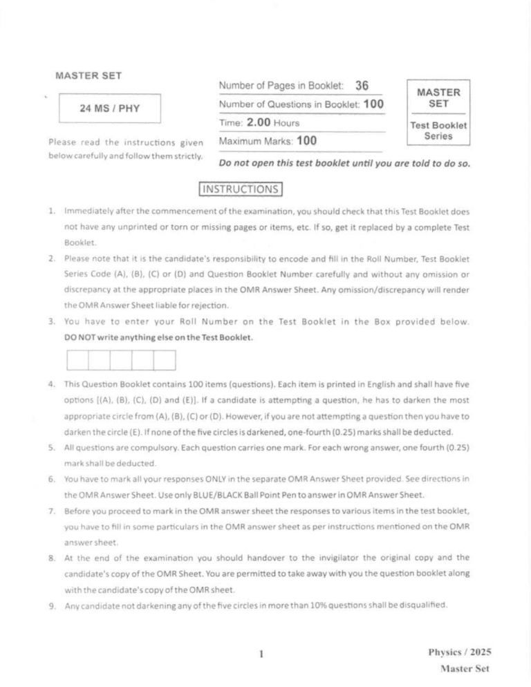Physics Exam Booklet - 100 Questions