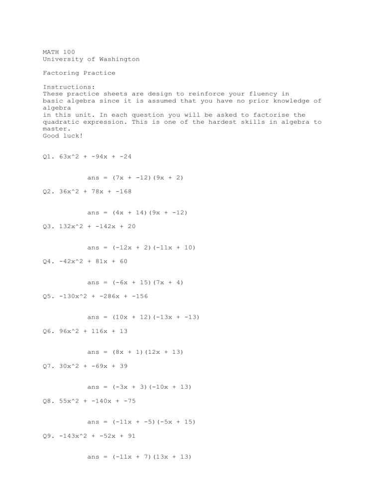 Factoring Quadratic Expressions Practice Sheet