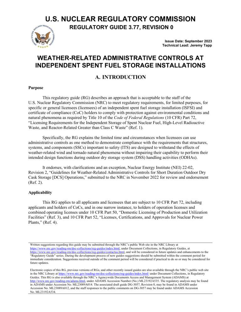 ISFSI Weather Controls: NRC Regulatory Guide 3.77