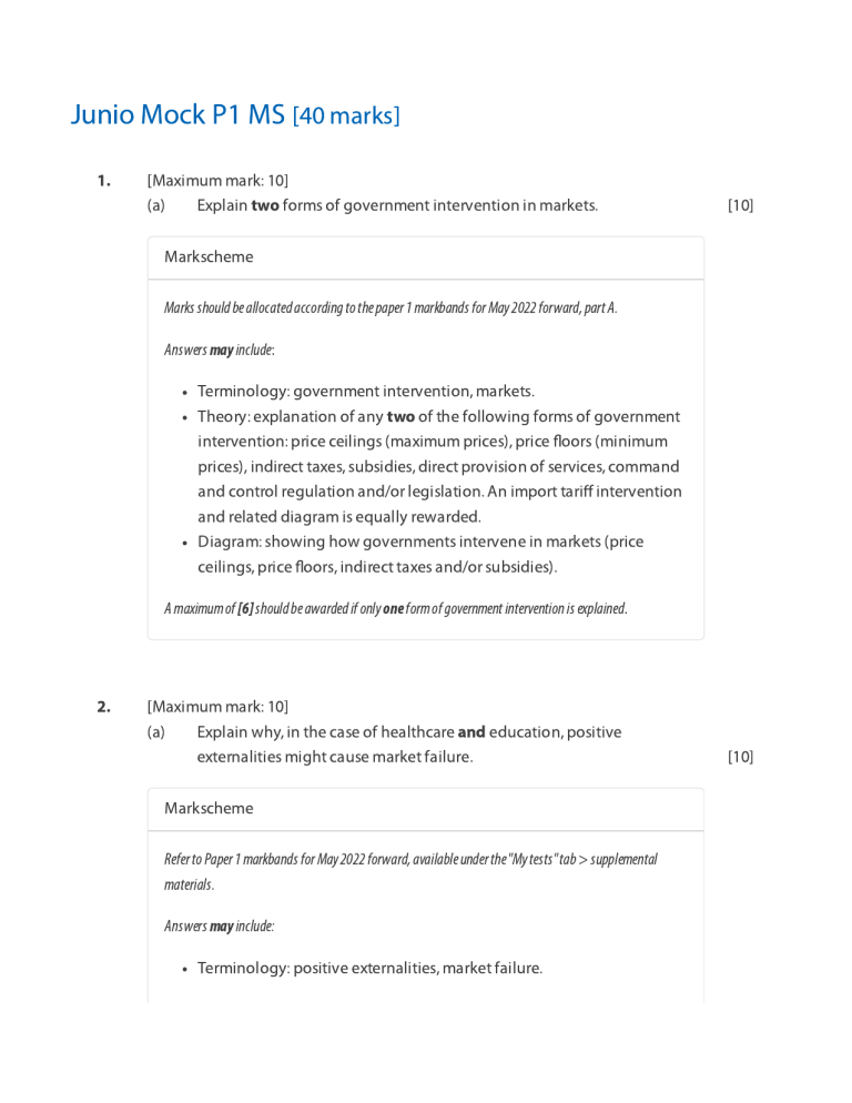 Economics Exam Markscheme: Government Intervention & Fiscal Policy