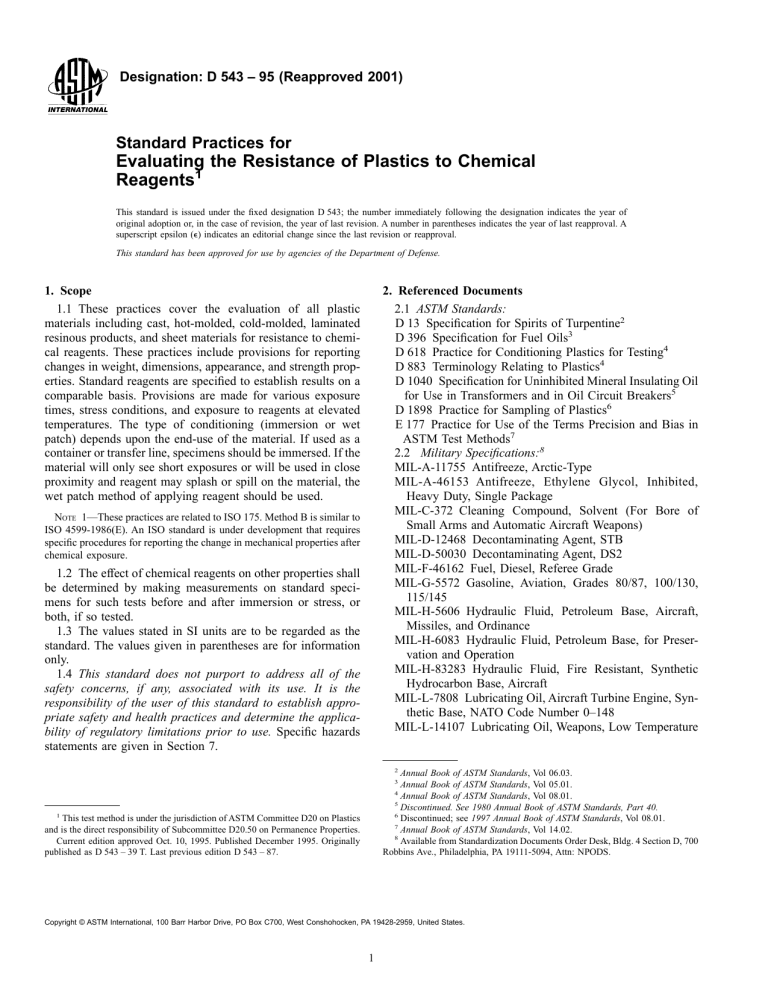 Plastics Chemical Resistance: ASTM D 543 Standard Practice