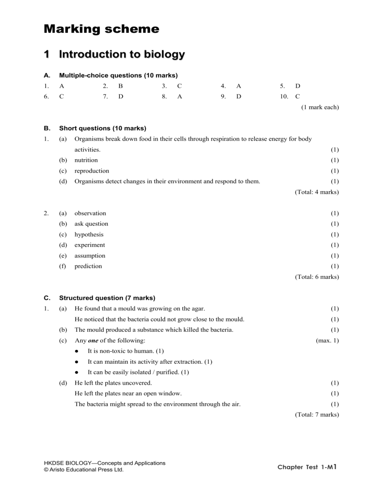 Biology Marking Scheme: Chapter Test 1-M1