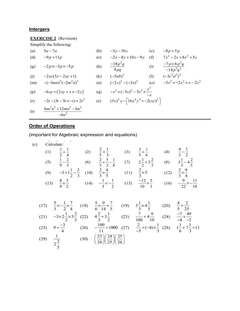 Integers & Order of Operations Worksheet
