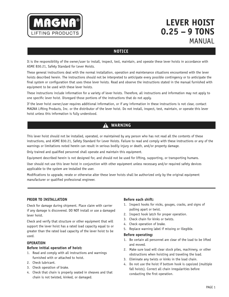 Magna Lever Hoist Manual: Safety & Operation