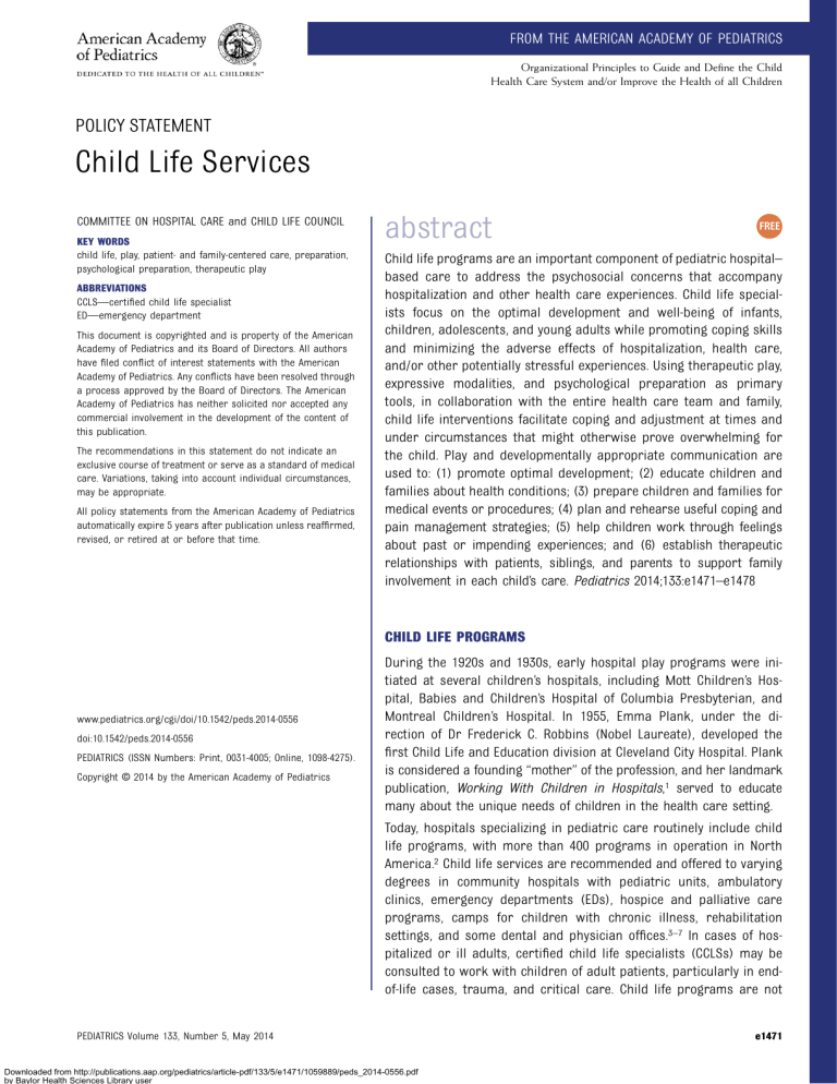 Child Life Services: AAP Policy Statement on Pediatric Care