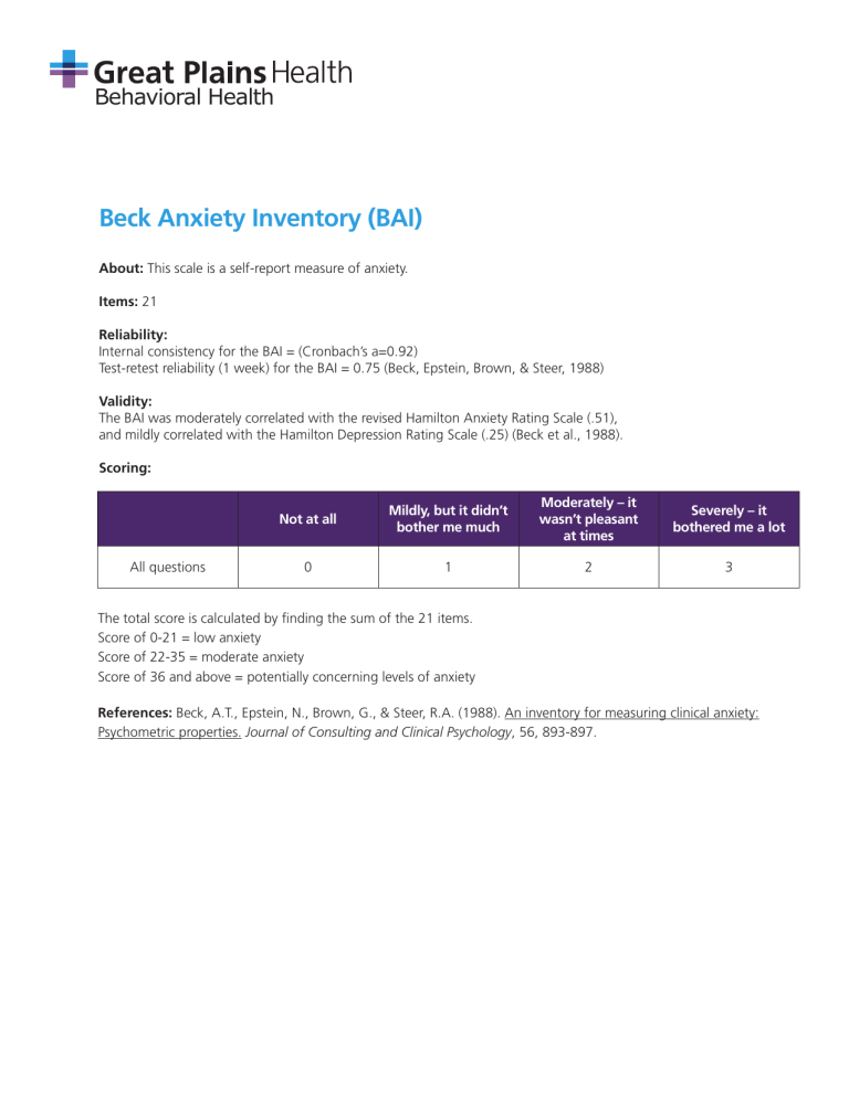 Beck Anxiety Inventory (BAI) Questionnaire