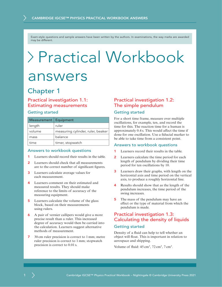 Cambridge IGCSE Physics Practical Workbook Answers - Chapter 1-3