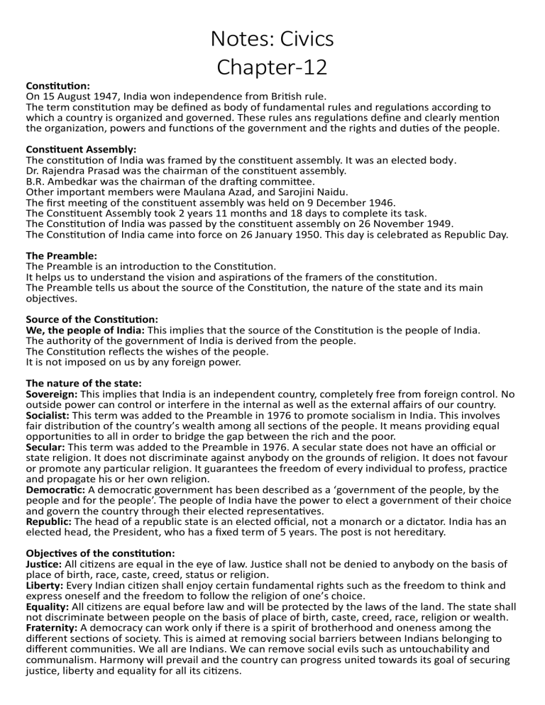 Indian Constitution: Civics Notes - Chapter 12