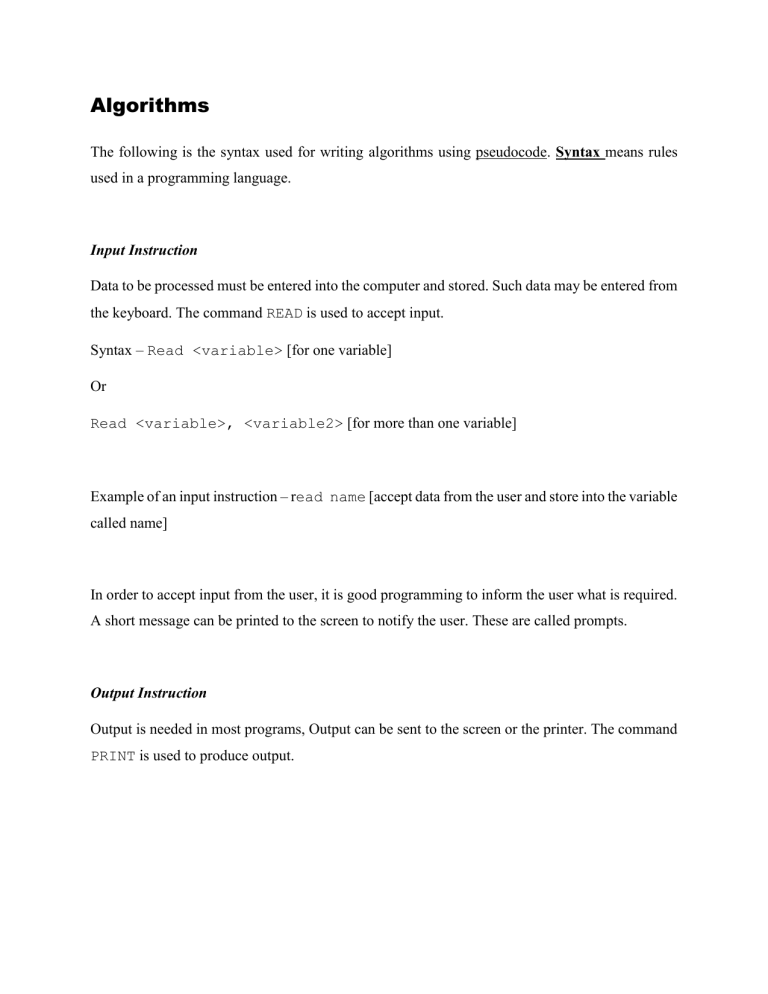 Algorithms: Input, Output, and Processing Statements