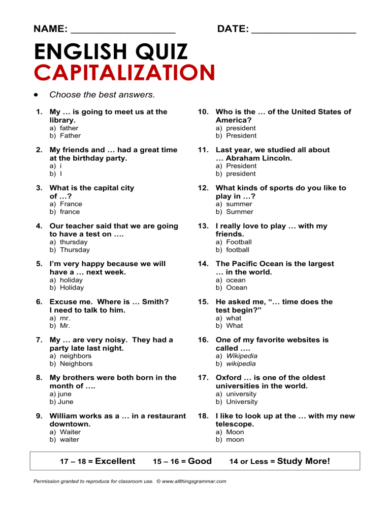 English Capitalization Quiz - Elementary/Intermediate Level